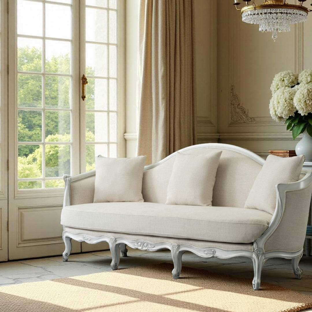 Jacqueline Sofa 87″ Linen Sofa | Hand-Carved Elegant French Sofa