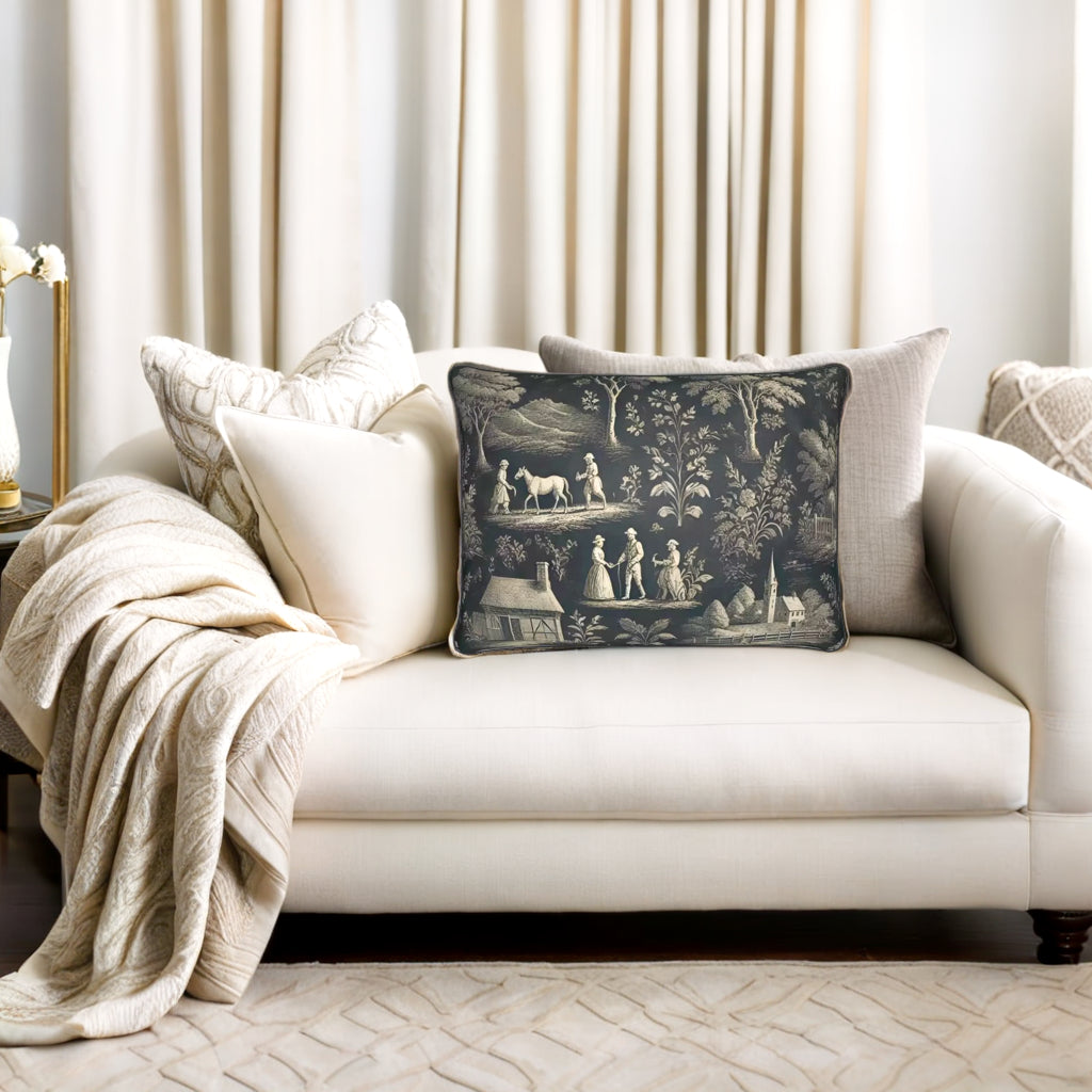 Dark Grey Toile Cushions Rectangle | Elegant French Country Decor